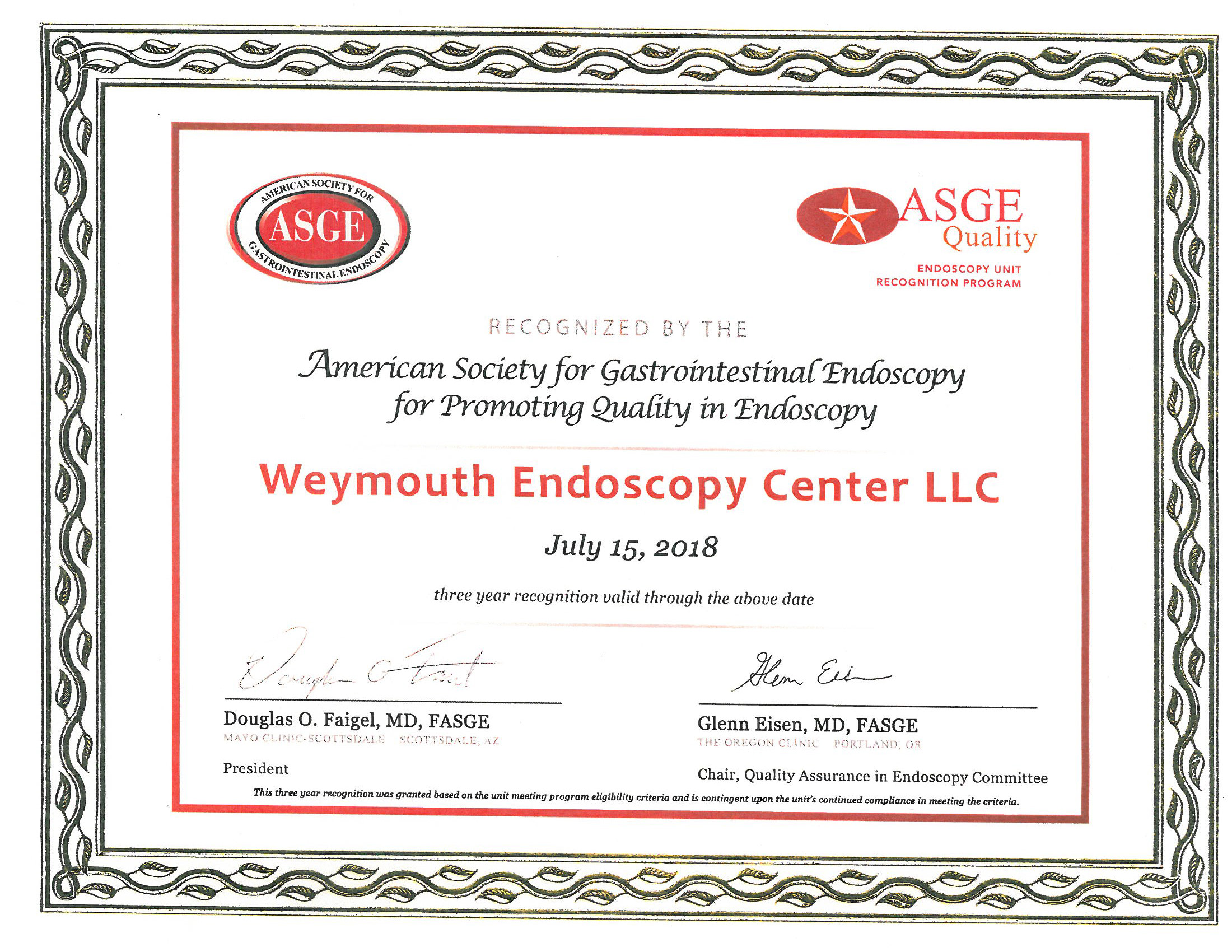 ASGE Recognition - South Suburban Gastroenterology